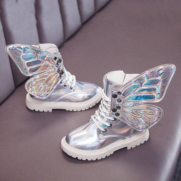 Kid Girl PU Leather Lace Up Martin Boots With Butterfly Wings