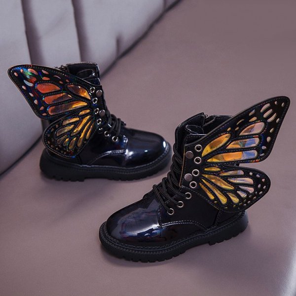 Kid Girl PU Leather Lace Up Martin Boots With Butterfly Wings