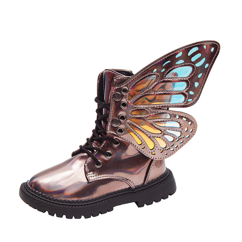 Kid Girl PU Leather Lace Up Martin Boots With Butterfly Wings