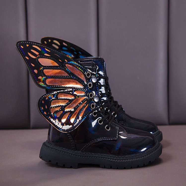 Kid Girl PU Leather Lace Up Martin Boots With Butterfly Wings