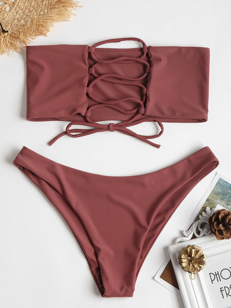 Women Swimsuit Tube Top Lace Up Bikinis Sets