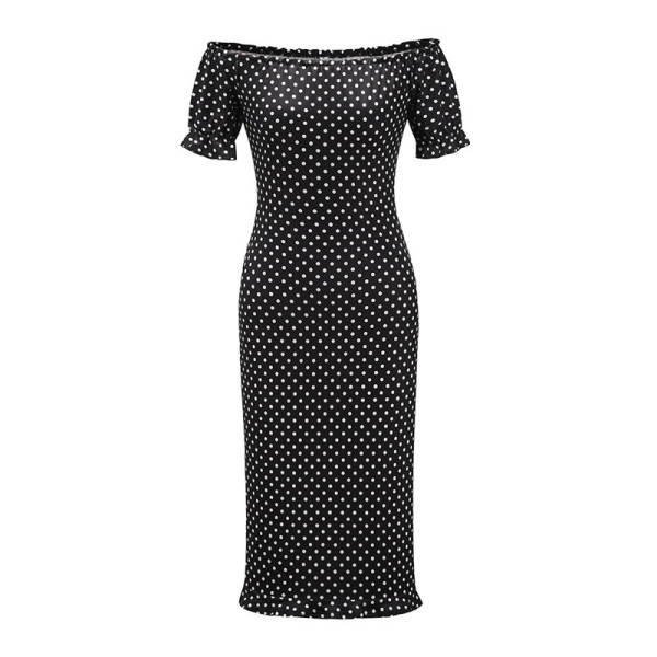 Women Off The Shoulder Polka Dots Midi Bodycon Dress