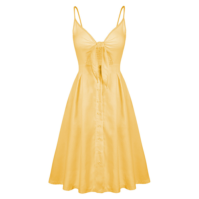 Women Solid Color Bowknot Button Slip Dress
