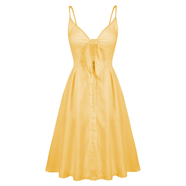 Women Solid Color Bowknot Button Slip Dress