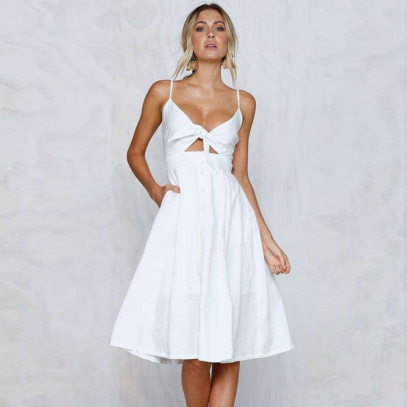 Women Solid Color Bowknot Button Slip Dress