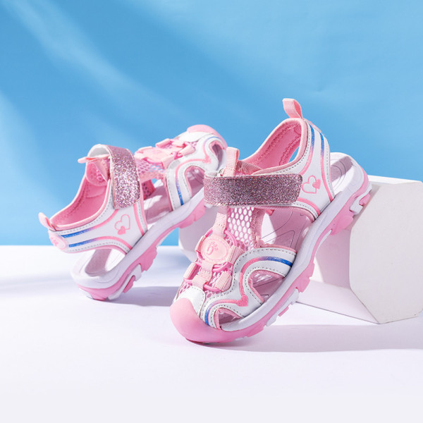 Kid Girl Cut Out Lace Up Sequins Hearts Sandals Shoes