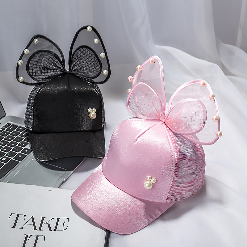 Kids Toddler Girl Anti-UV Pearls Bowknot Mesh Summer Baseball Cap