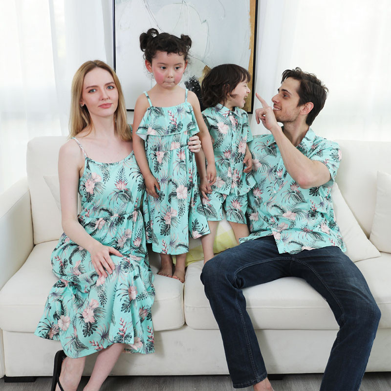 Matching Family Sets Tropical Prints Flowers Dress And T-Shirt