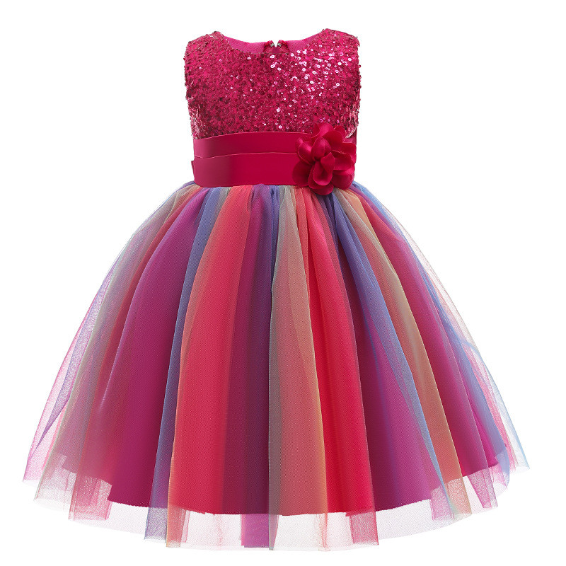 Girl Sequins Flower Belt Rainbow Tutu Gauze Princess Gown Dress