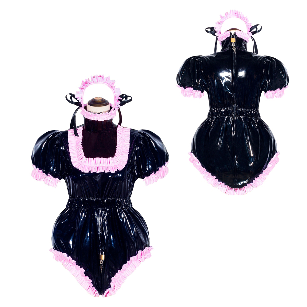 Fondcosplay Sissy Maid Crossdressing Lockable Heavy PVC Black Romper Costume with Pink Frills ...