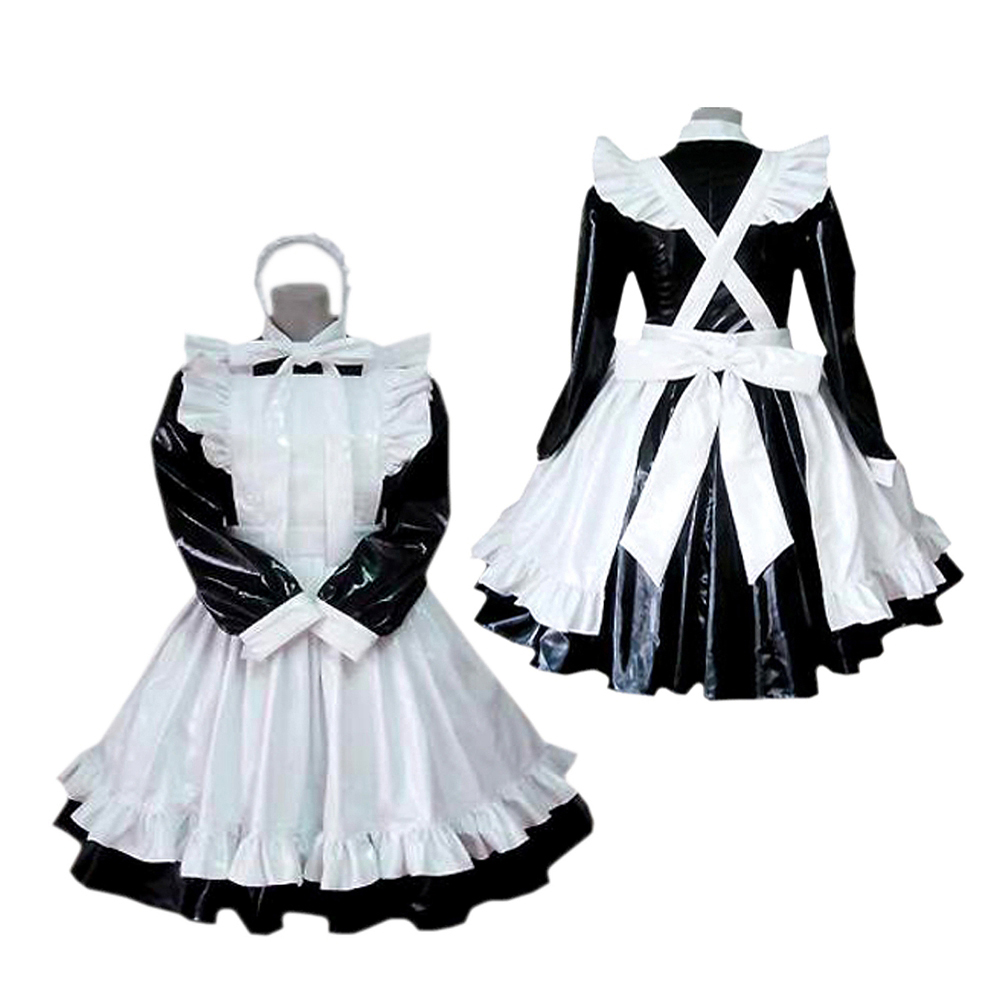 Lockable Black and White Thin PVC Sissy Maid Dress with Ruffled Apron ...