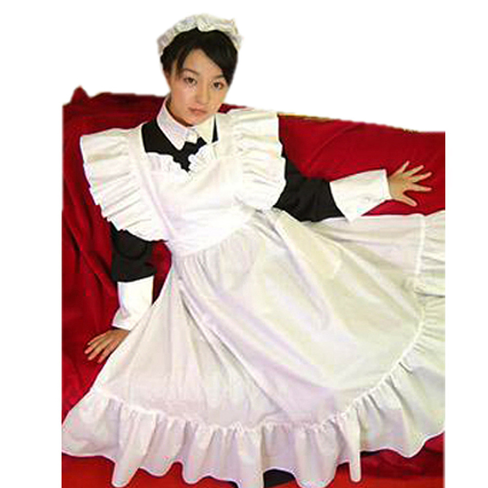 Long Black and White Cotton Lockable Sissy Maid Dress with Ruffle Apron ...