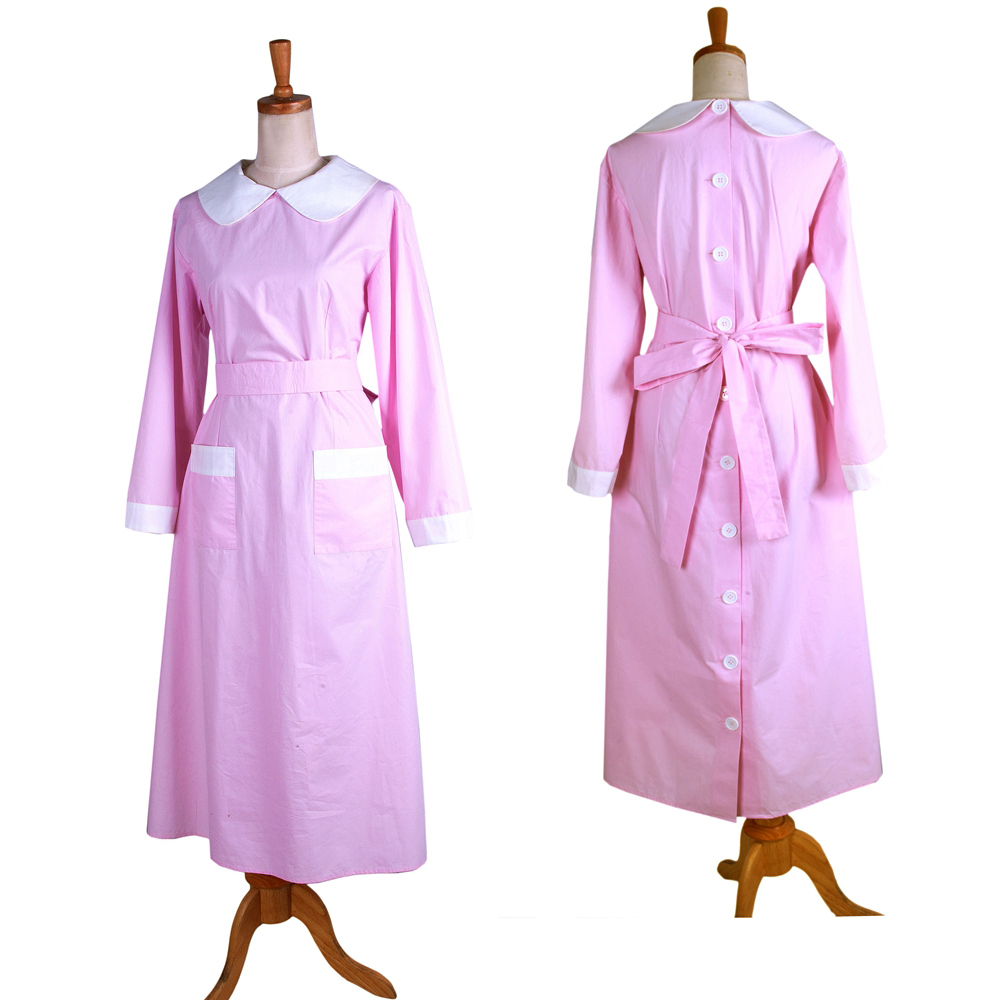 Pink Cotton Long Nurse Uniform Dress Vintage Hospital Style