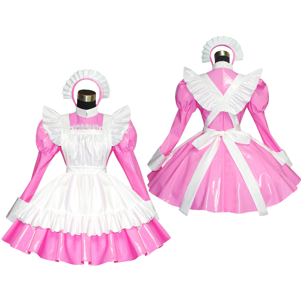 Pink and White Thin PVC Sissy Maid Dress with Lockable Collar | Glossy ...