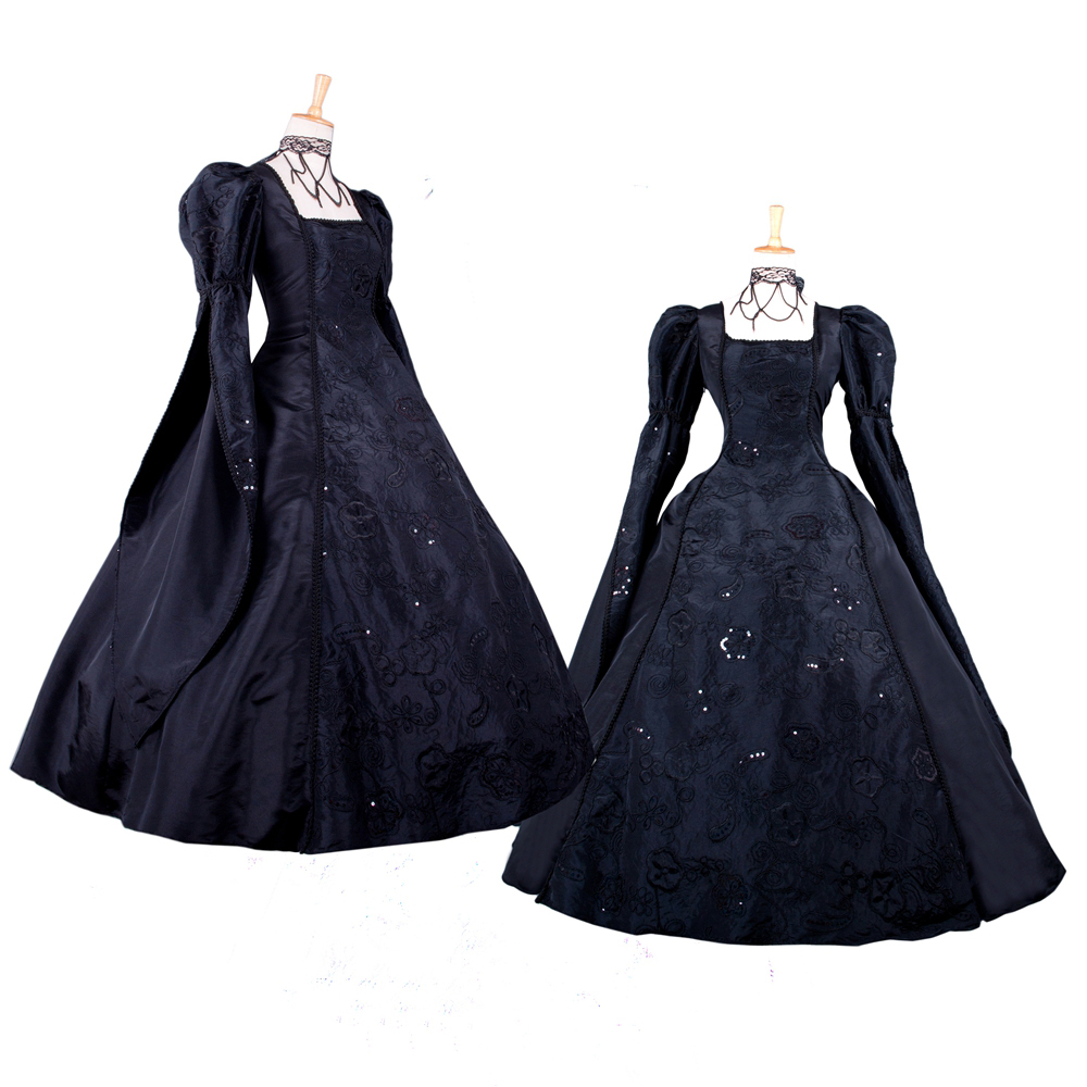 Black Taffeta Medieval Gown with Embroidered Sleeves – Victorian Era ...