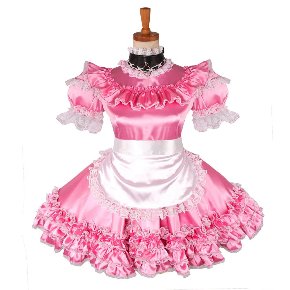 Lockable Sissy Maid Crossdressing Pink Satin Ruffle Short Sleeve Dress with White Lace Apron [G1215]