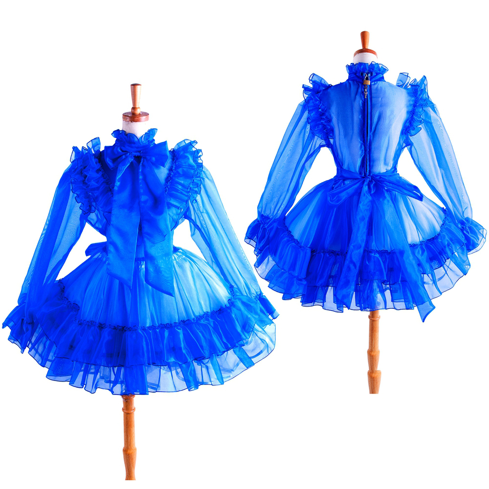 Lockable Sissy Maid Crossdressing Organza Dress – Handmade Royal Blue Sheer Ruffled Outfit [G1366]