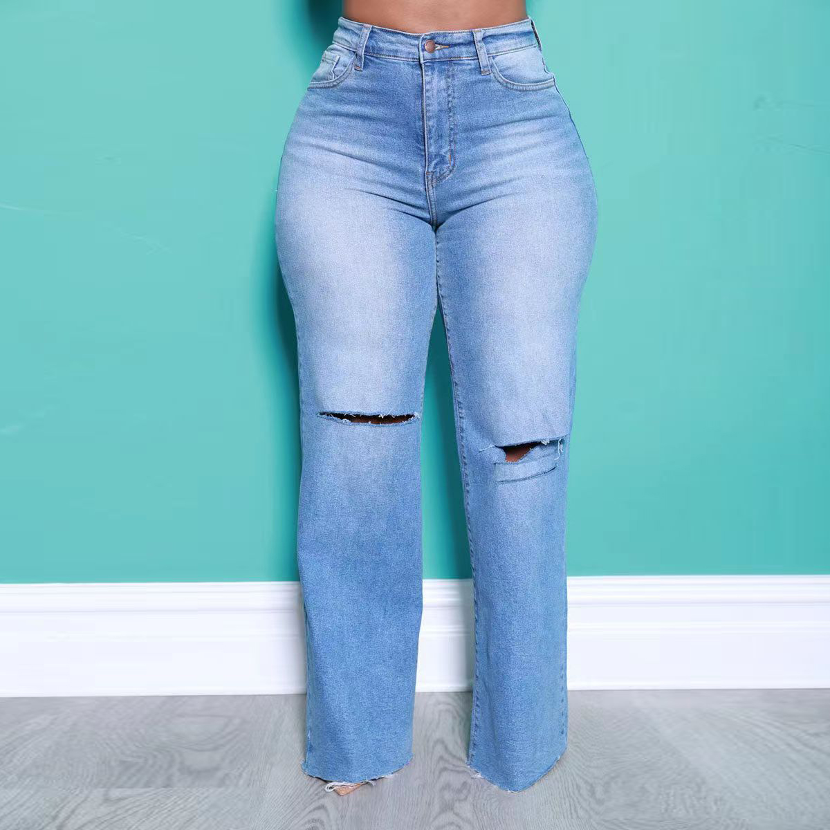 US$ 9.50 - Large brushed and perforated denim pants - www.keke-lover.com