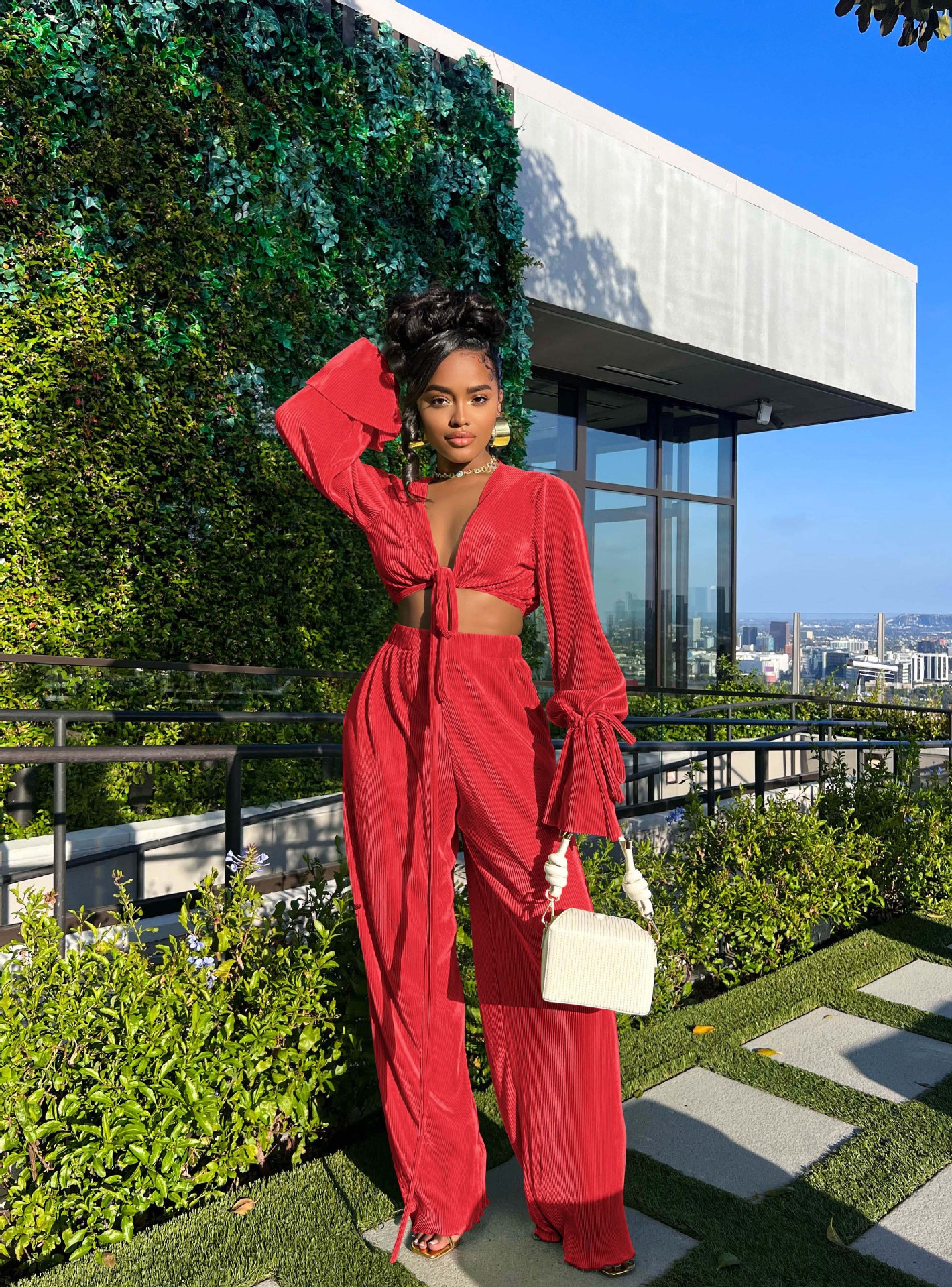 Fashion pleated open waist lace up 2-piece set