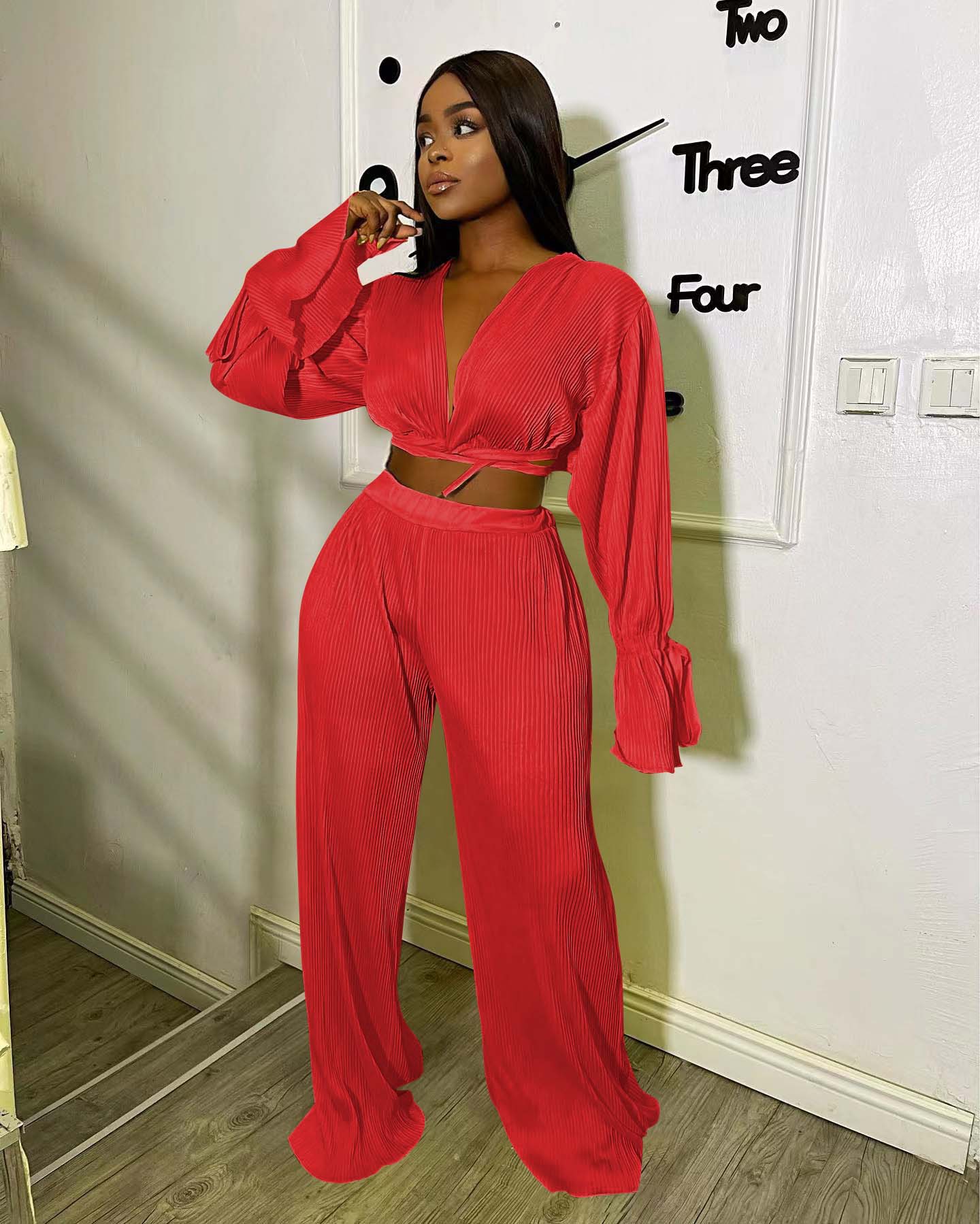 Fashion pleated open waist lace up 2-piece set