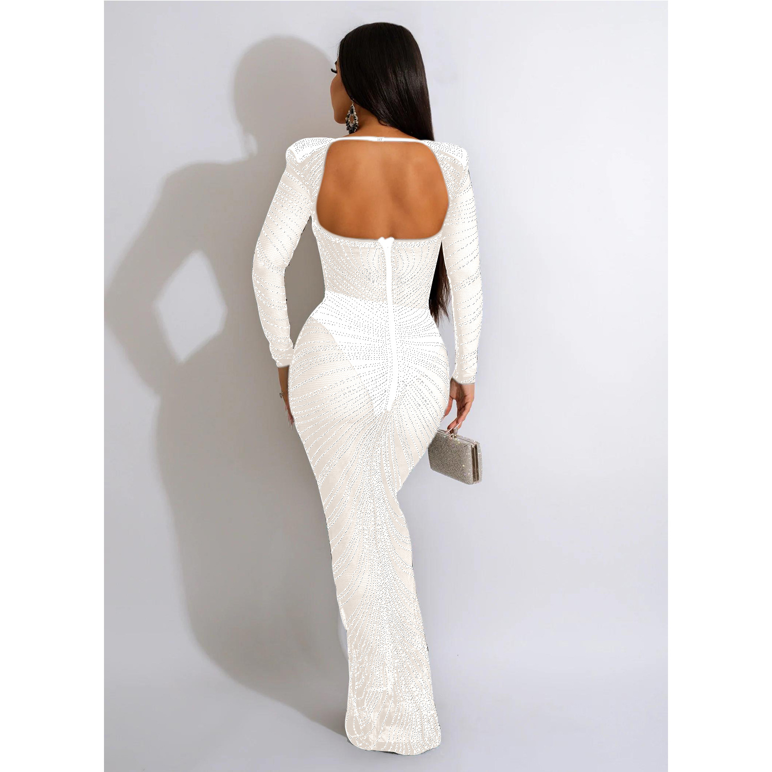 Diamond mesh perspective long sleeve long skirt dress