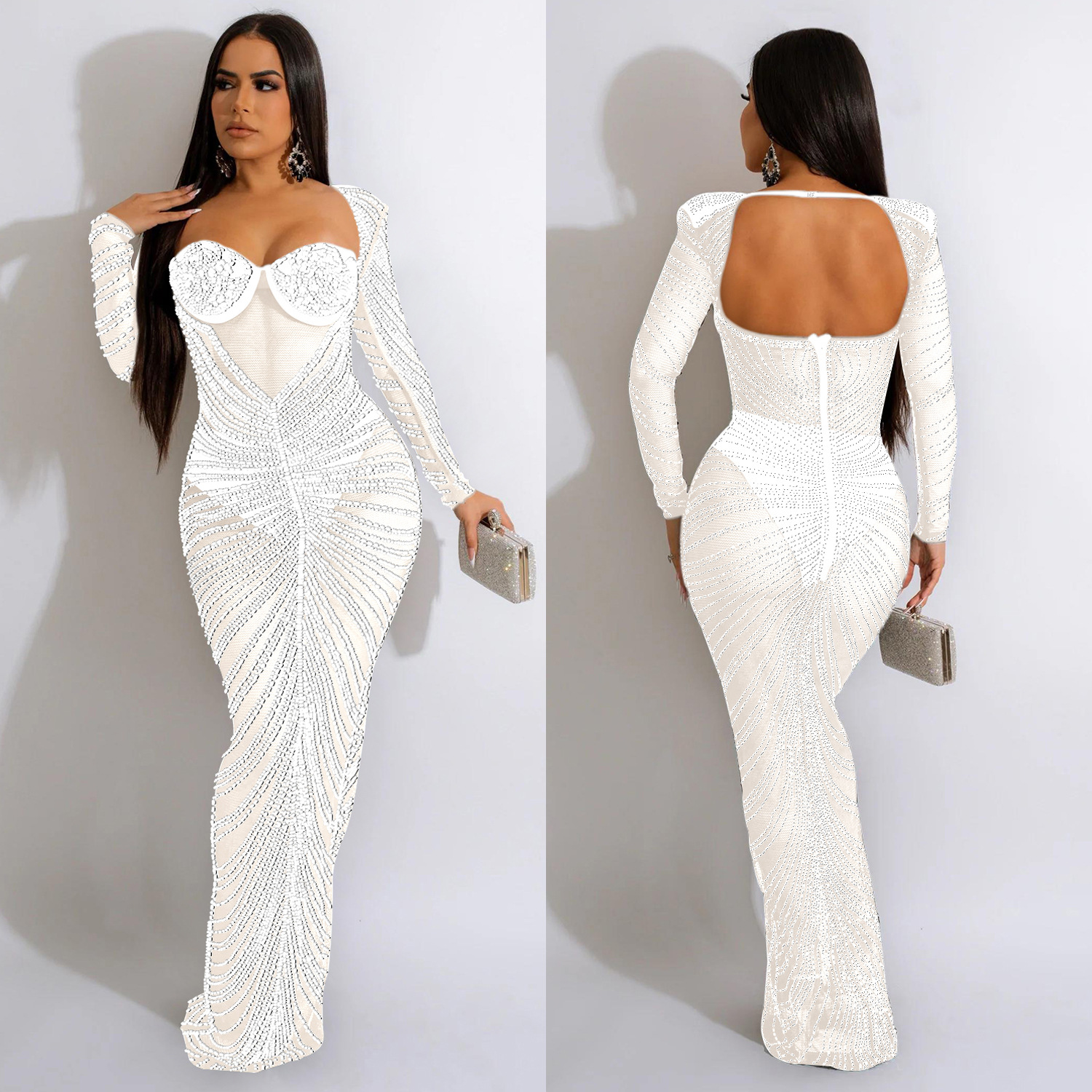 Diamond mesh perspective long sleeve long skirt dress