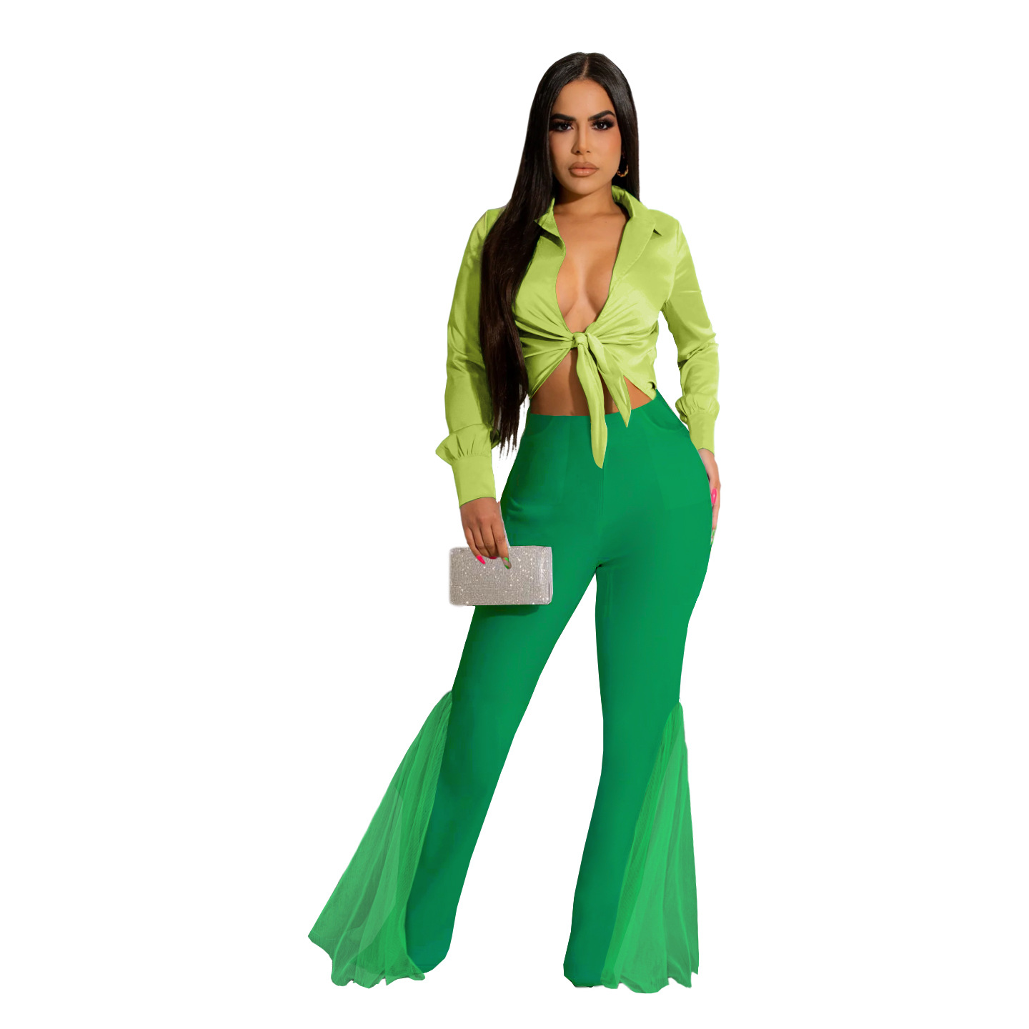 High rise slit slim versatile mesh patch pocket flare pants