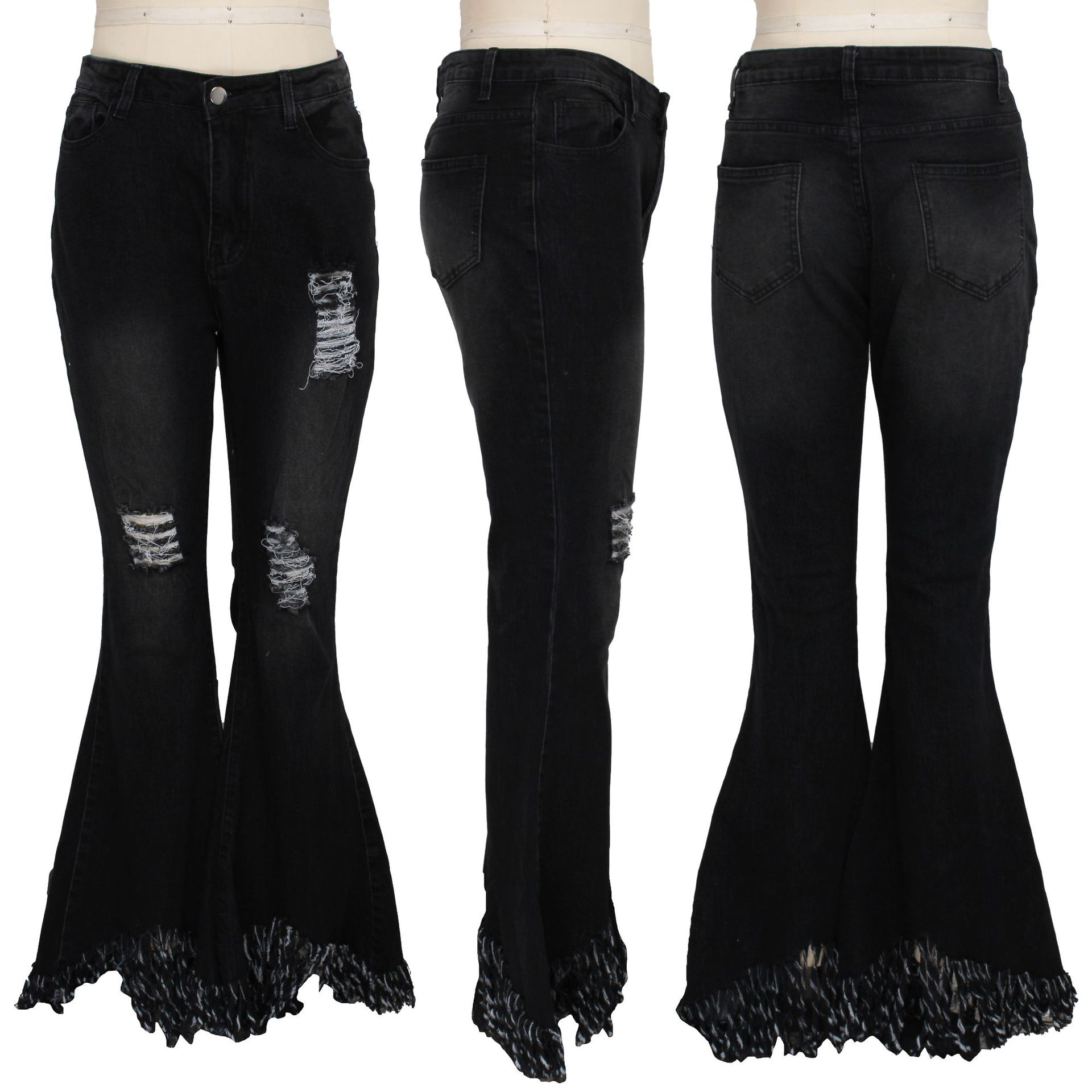 Wide Leg Washed Perforated Denim Flare Pants