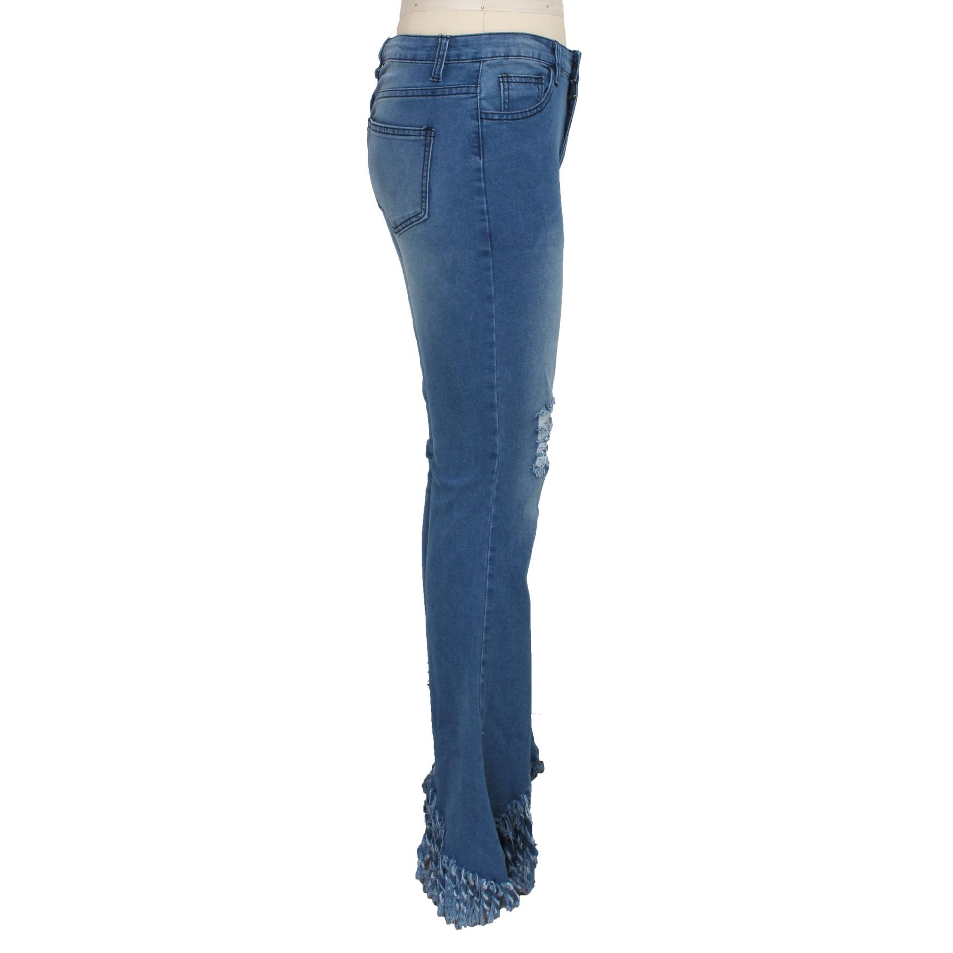 Wide Leg Washed Perforated Denim Flare Pants