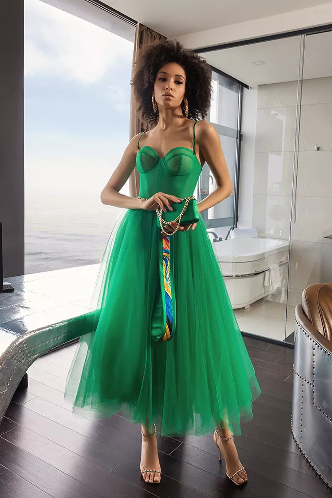 Mesh sling belt green dress