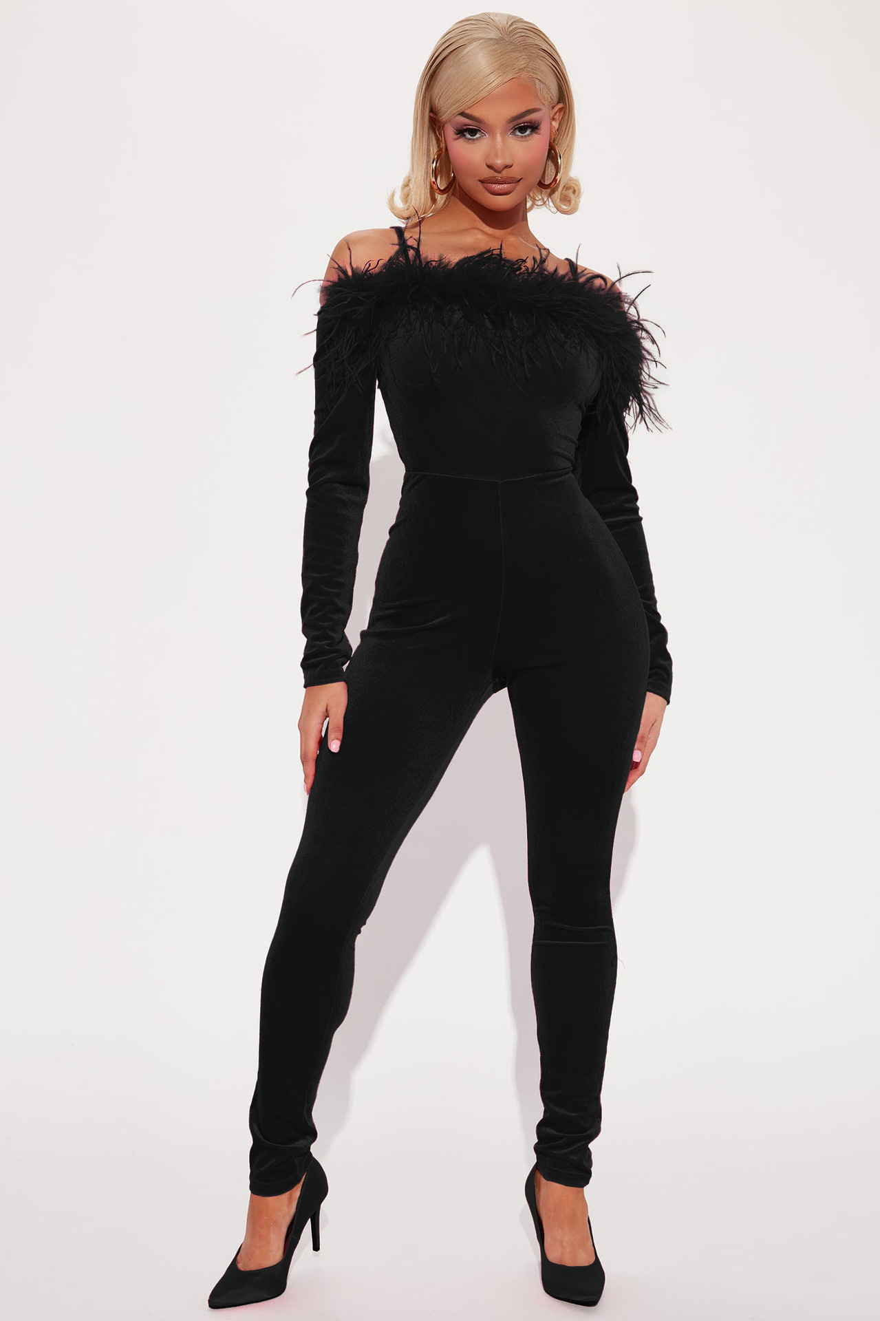 Velvet Feather Off Shoulder Slim Bodysuit