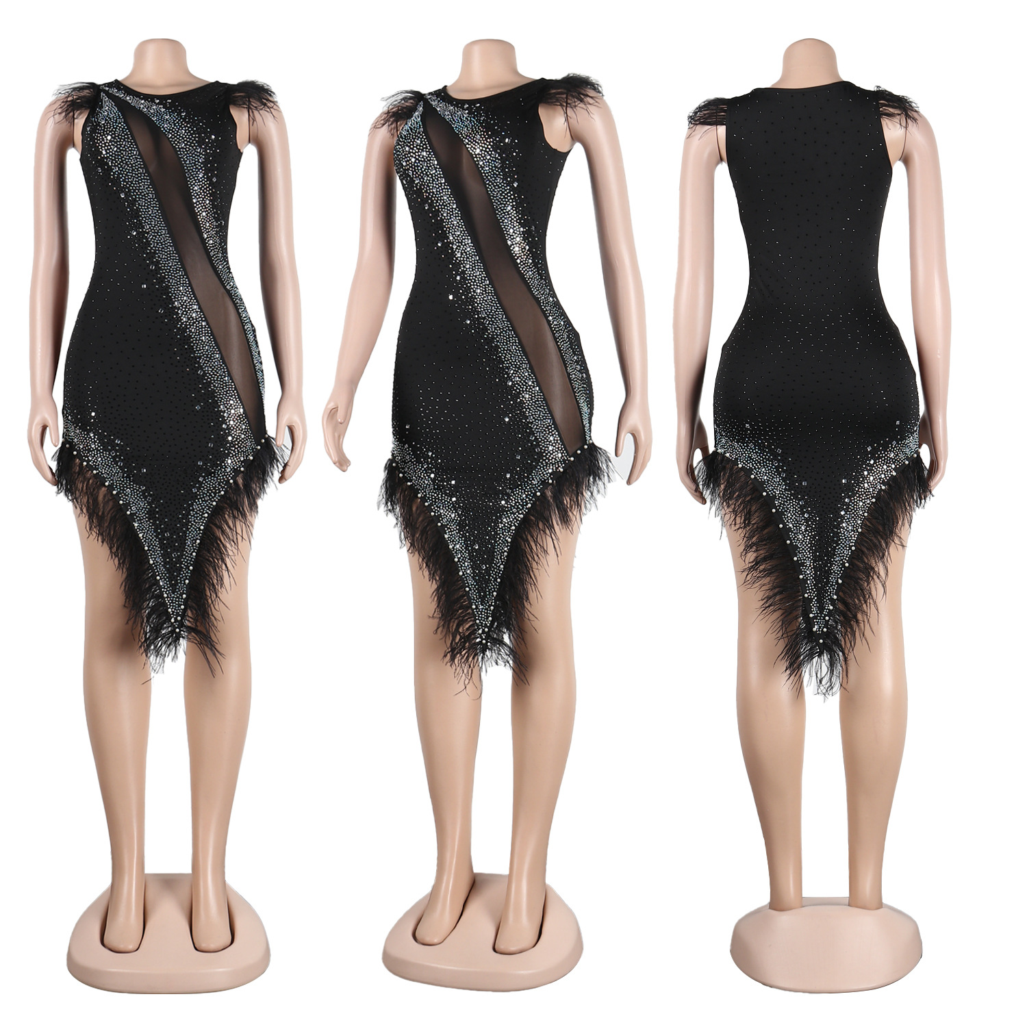 Perspective Slim Scalded Pearl Feather Dress