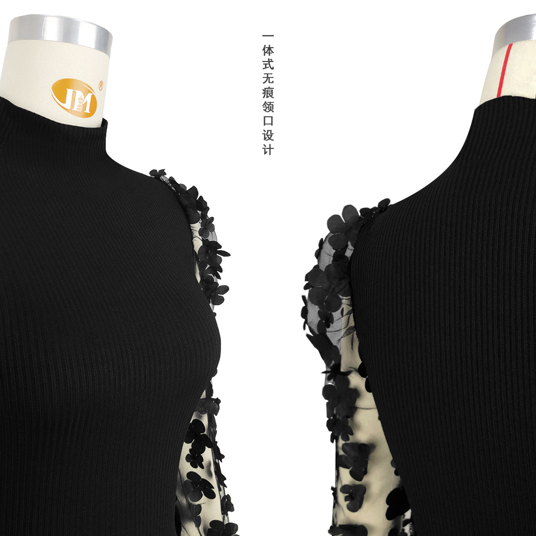 3D Petal Mesh Sleeves Pit Strip Cloth One piece Neck Dress