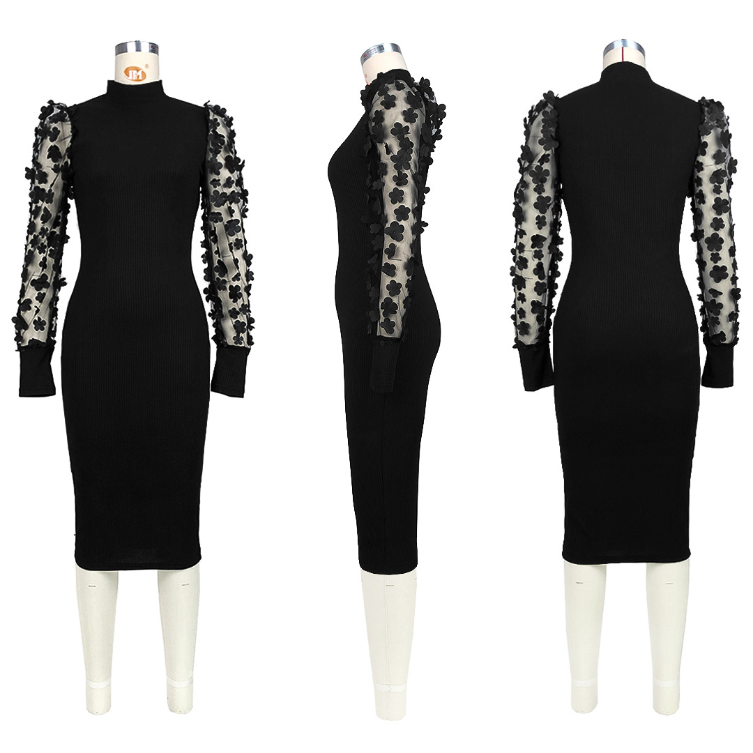 3D Petal Mesh Sleeves Pit Strip Cloth One piece Neck Dress