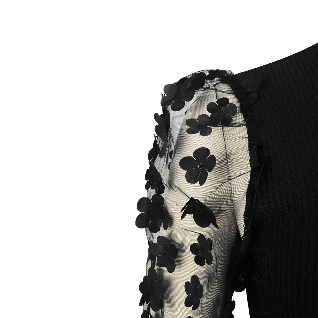 3D Petal Mesh Sleeves Pit Strip Cloth One piece Neck Dress