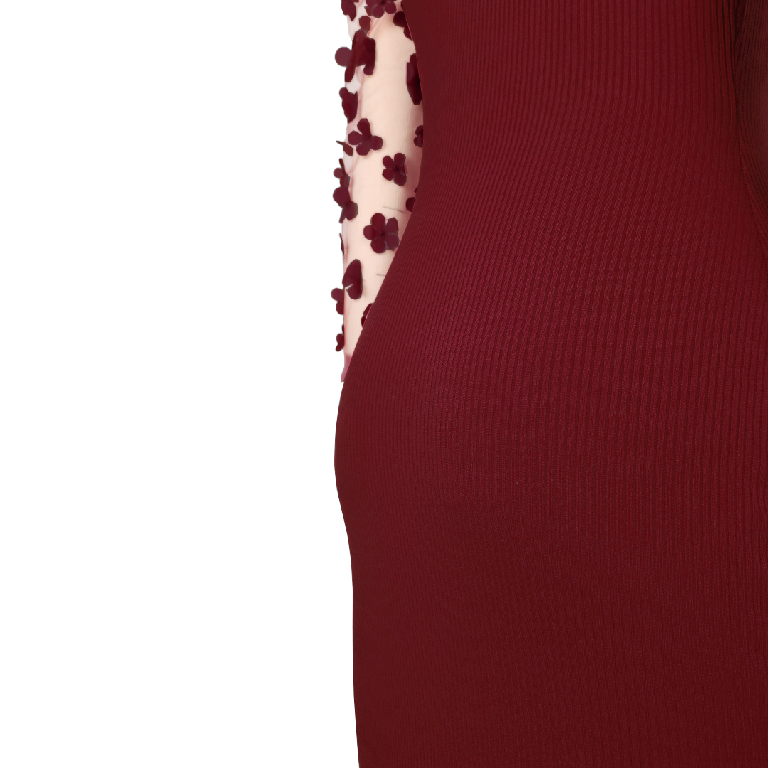 3D Petal Mesh Sleeves Pit Strip Cloth One piece Neck Dress