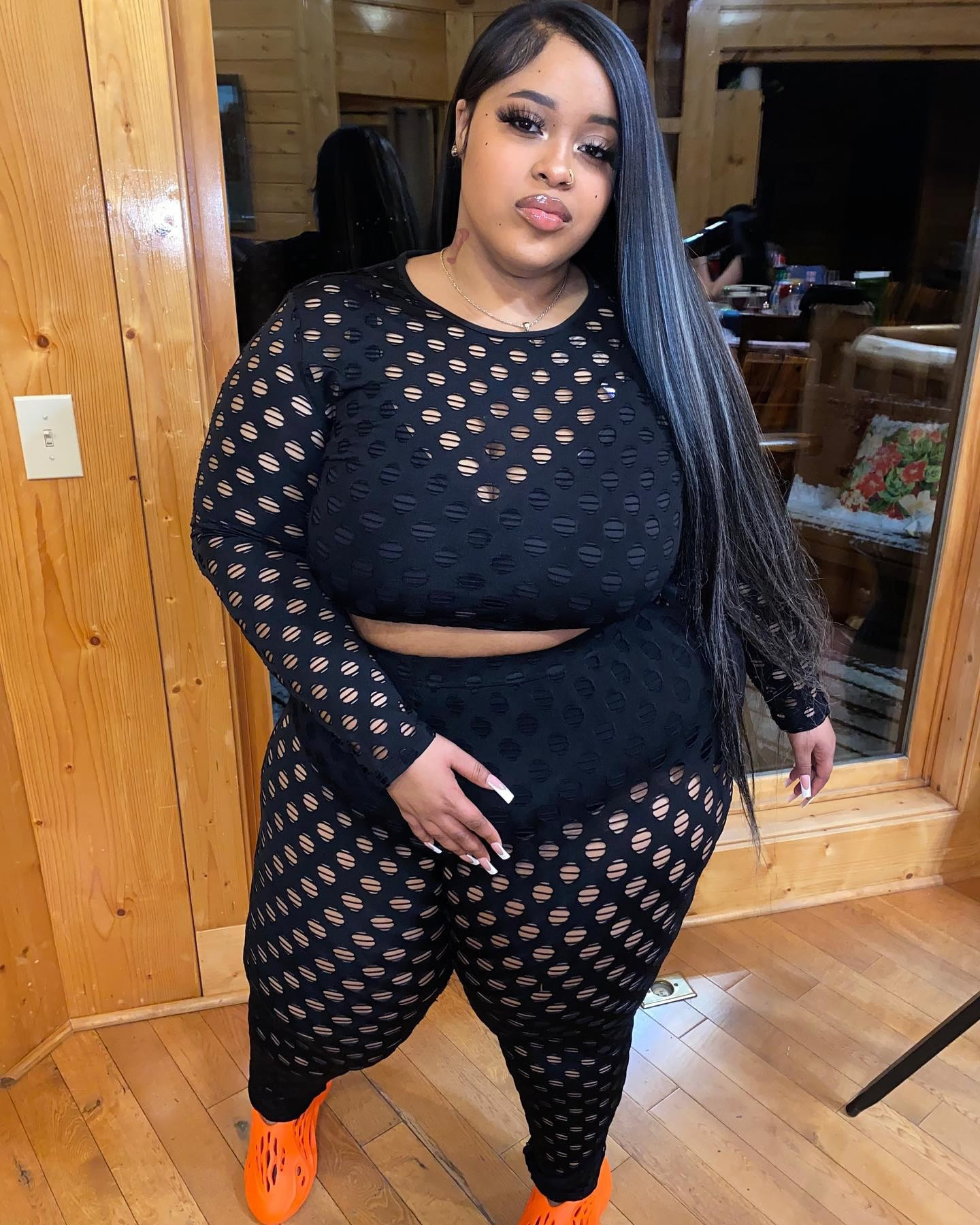 Size skinny fishnet pants suit two-piece suit