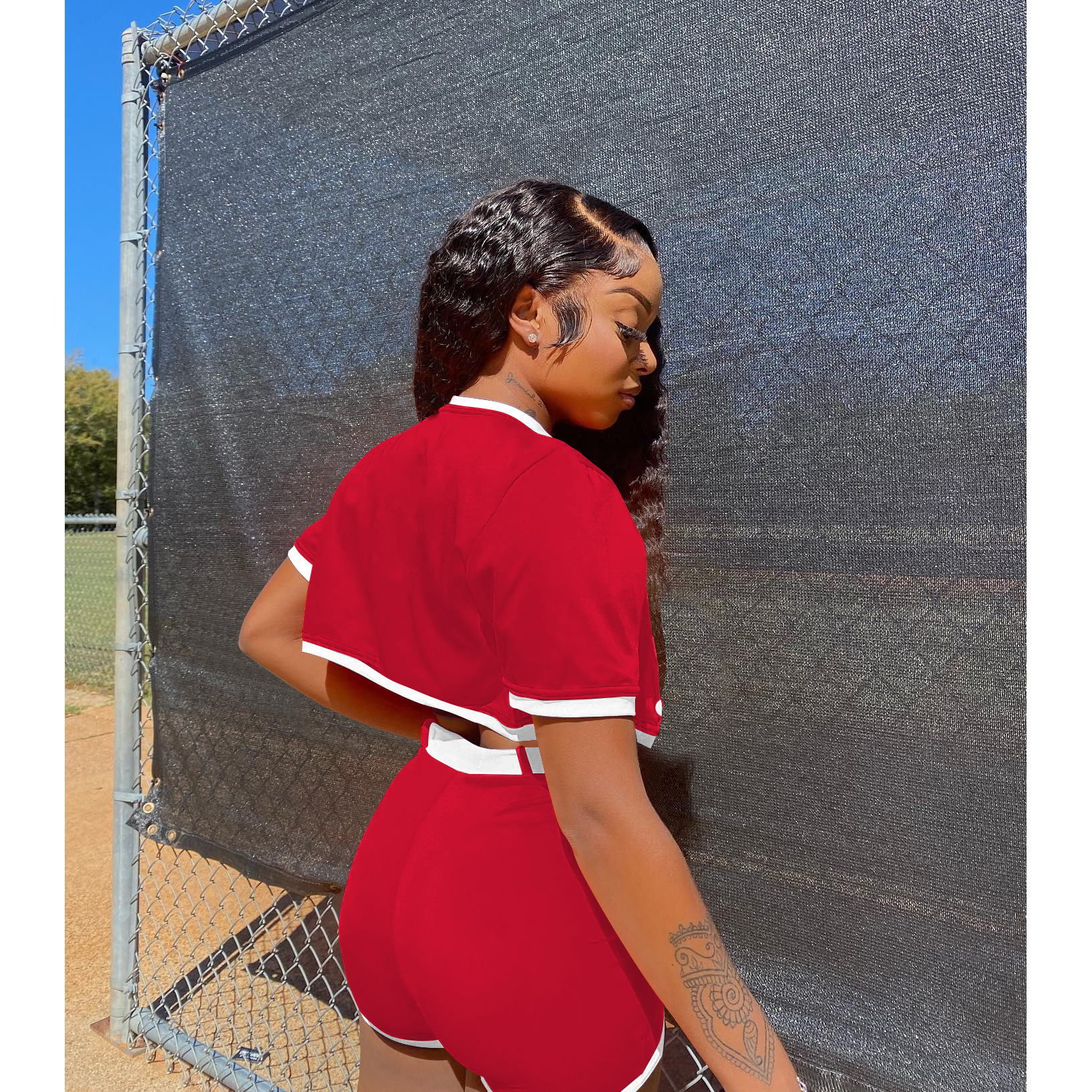 Fashion Oversized Sports Panel Short Sleeve Bomber Set