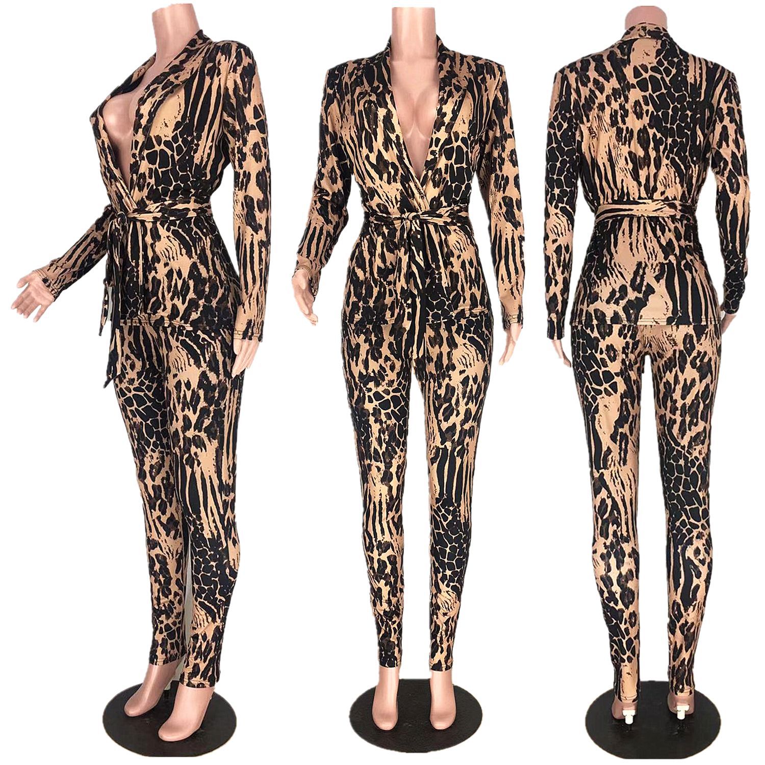 Sexy Deep V Strap Leopard Print Two Piece Set