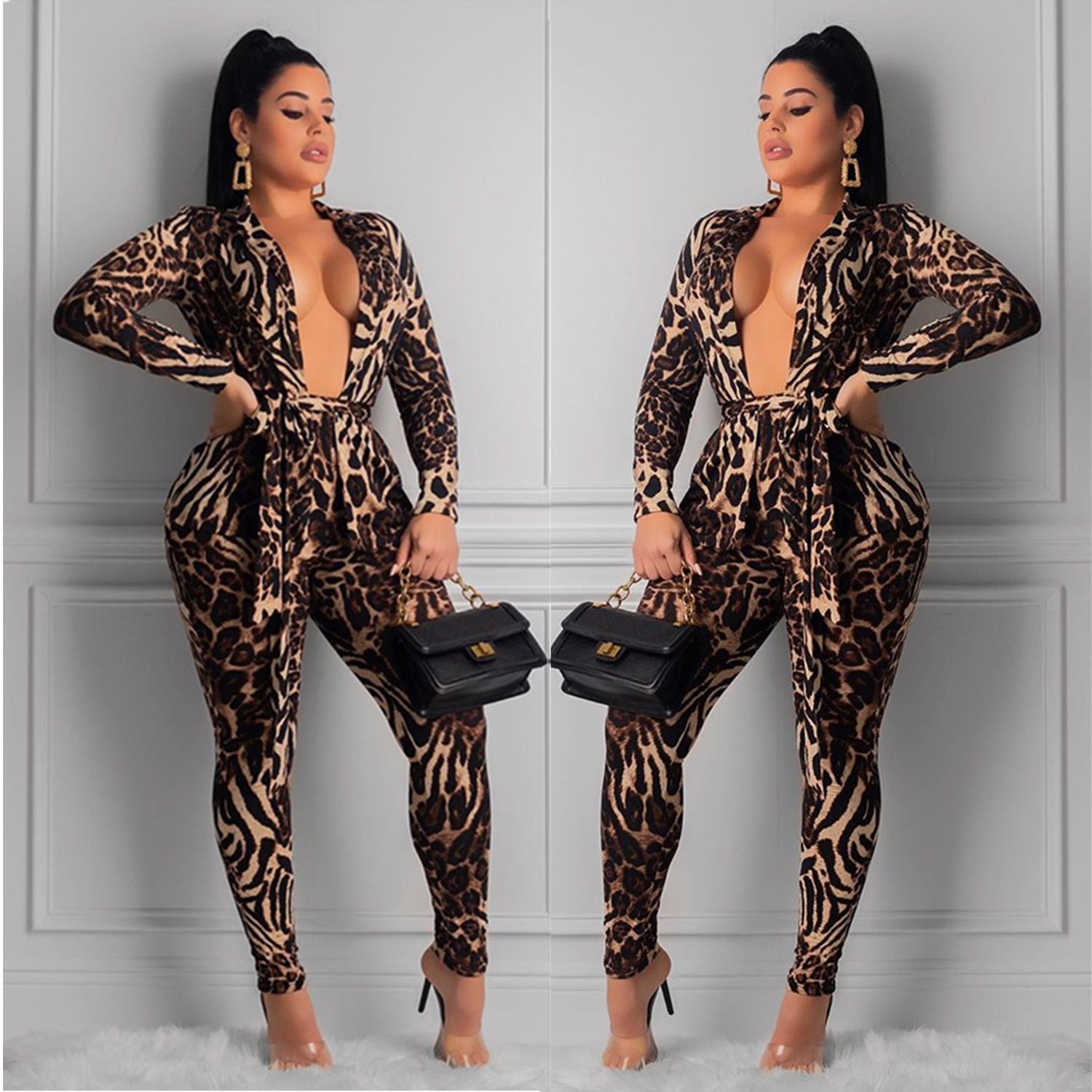 Sexy Deep V Strap Leopard Print Two Piece Set