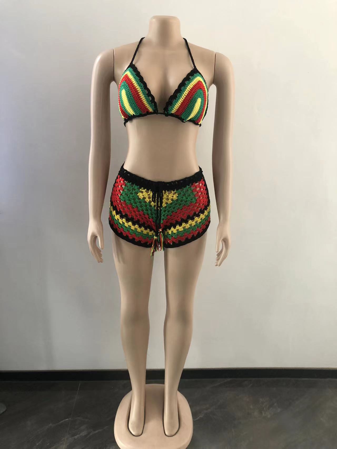 Sexy woven color matching beach shorts set