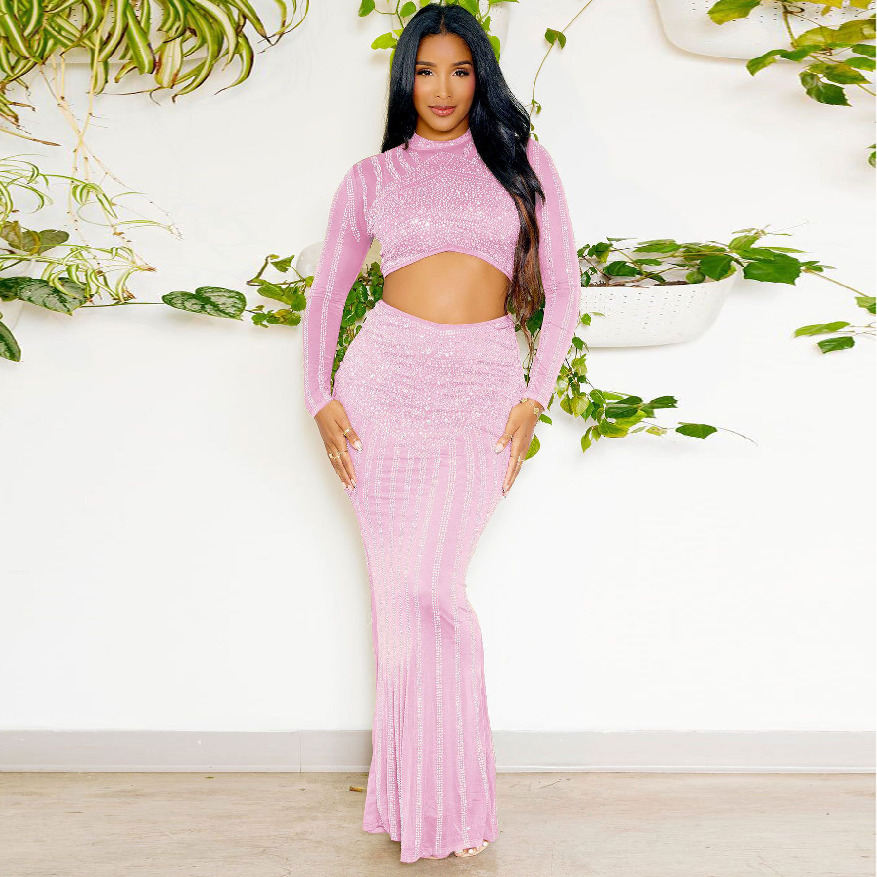 Sexy Large Hot Diamond Wrap Hip Elastic Fishtail Skirt Set