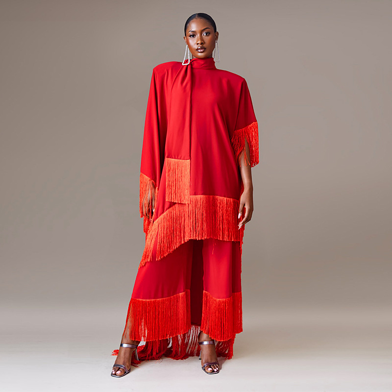 Fashionable Loose Swing Middle Eastern Scarf Collar Fringe Robe Dress