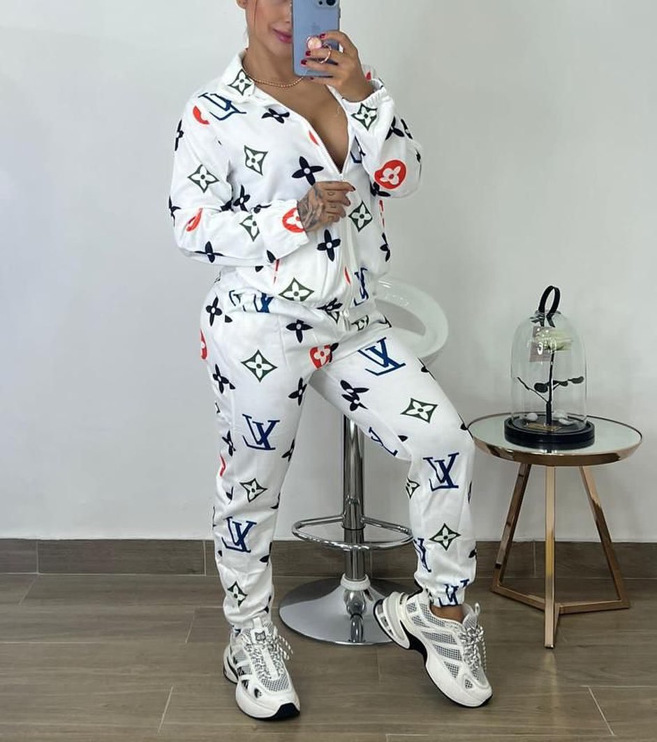 Fashion printed pocket zippered jacket jacket jacket two-piece set