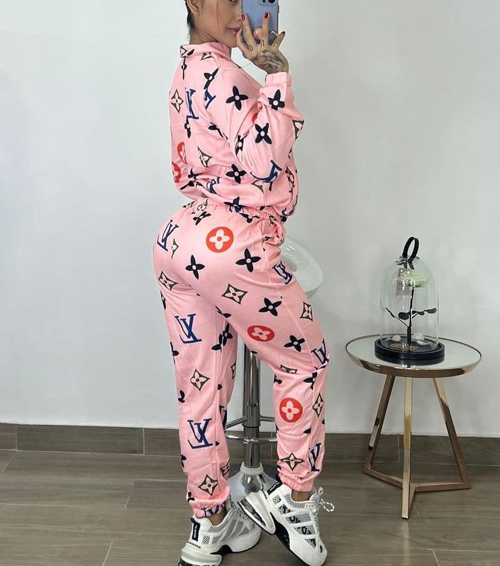 Fashion printed pocket zippered jacket jacket jacket two-piece set