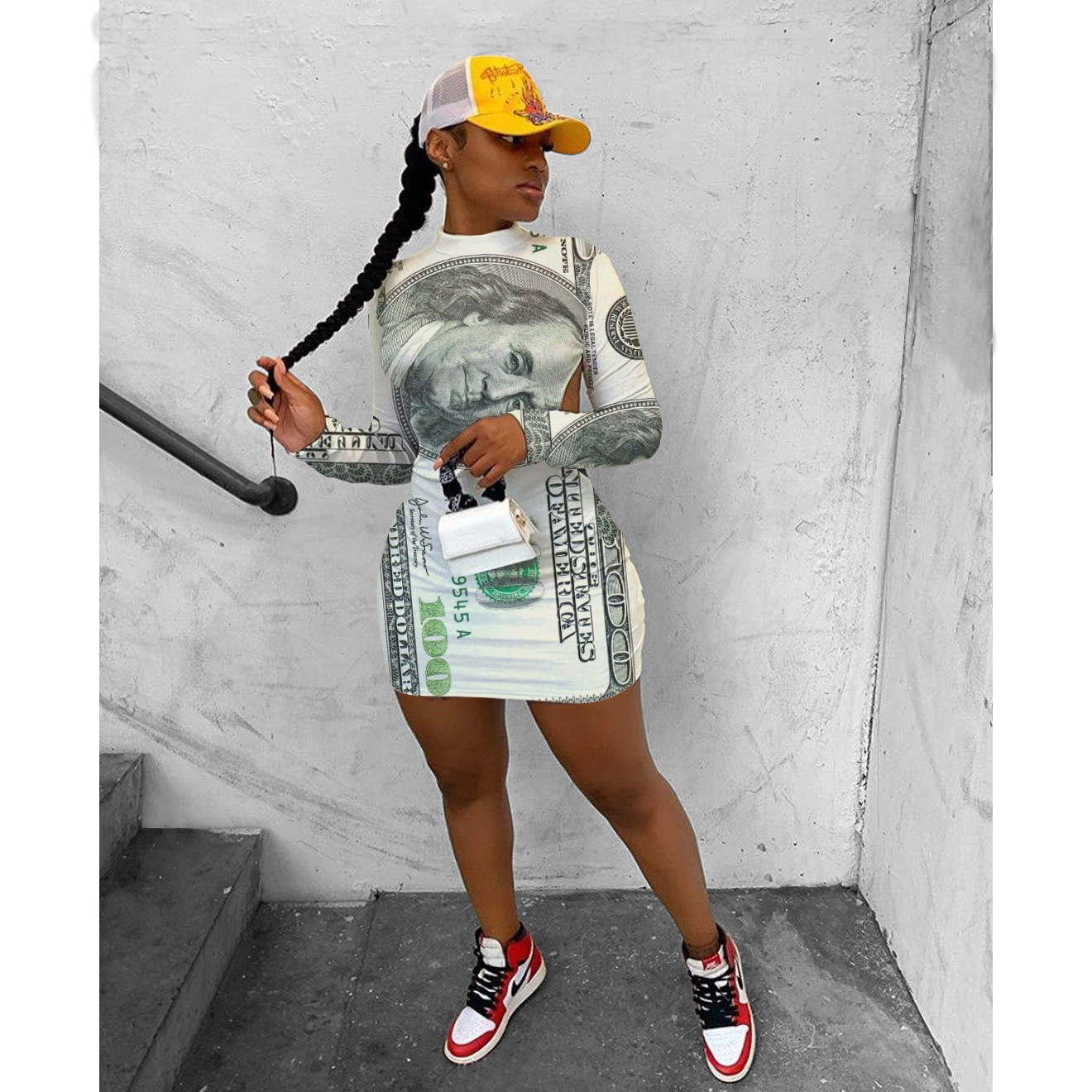 Women's banknote printed open back pleated dress