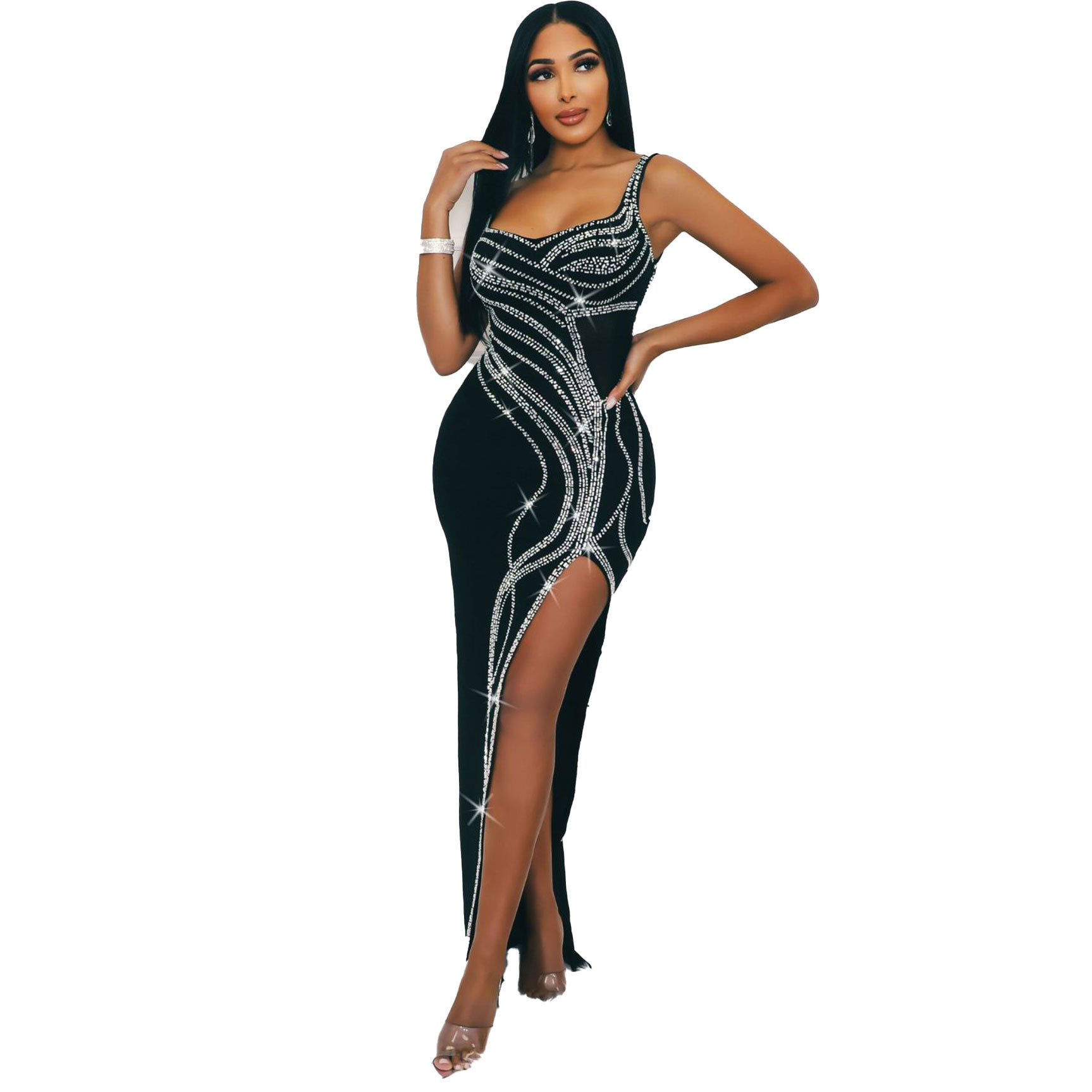 Sexy Hot Diamond Sleeveless Wrapped Hip Split Tight Elastic Dress
