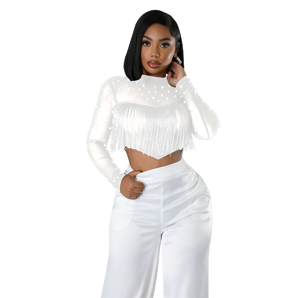 Fashion Top Bubble Bead Fringe Short Polyester Mesh T-Shirt