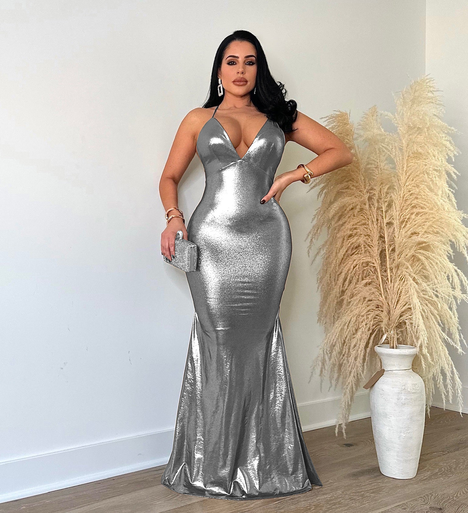 Fashion Halter Sexy V-Neck Metallic Tight Dresses