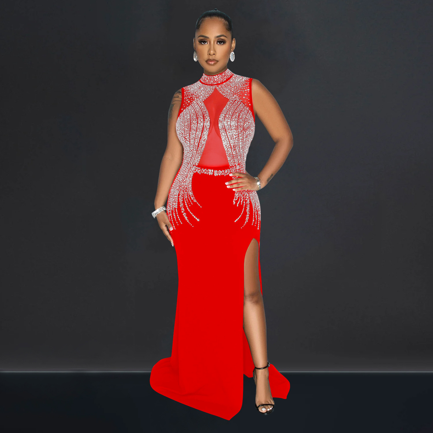 Fashion Solid Color Mesh Yarn Hot Rhinestone Split Long Dresses